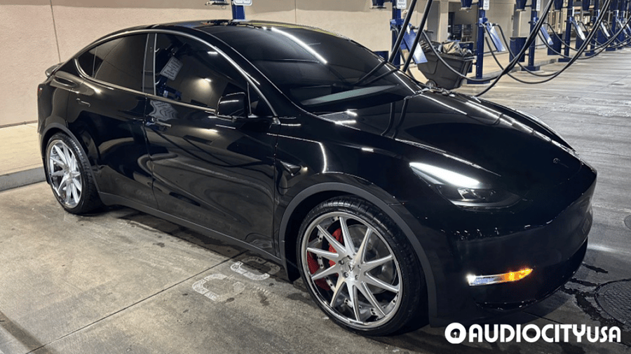 2024 Tesla Model Y on 22" Azad Wheels AZ23 Silver Machined with Chrome ...